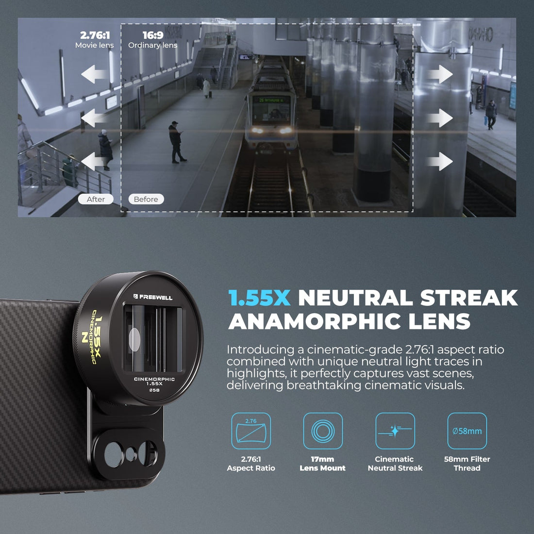 1.55x Anamorphic Lens for iPhone & Samsung - Ultra-Wide – Freewell Gear